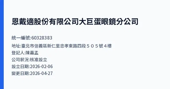 恩戴適股份有限公司大巨蛋眼鏡分公司的照片-統編 60328383(臺北市) 公司登記資料與營業項目詳細圖表