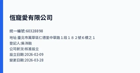 恆寵愛有限公司的照片-統編 60328898(臺北市) 公司登記資料與營業項目詳細圖表