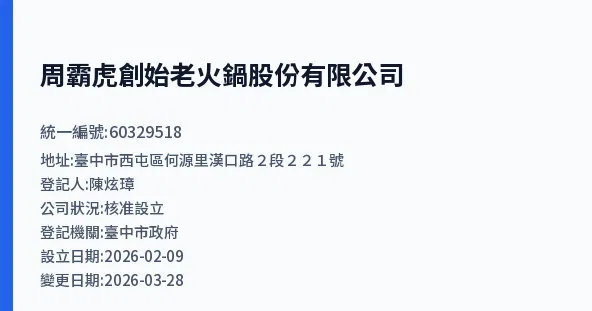 周霸虎創始老火鍋股份有限公司的照片-統編 60329518(臺中市) 公司登記資料與營業項目詳細圖表