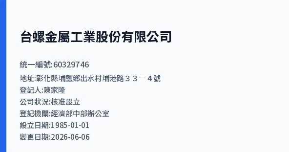 台螺金屬工業股份有限公司的照片-統編 60329746(彰化縣) 公司登記資料與營業項目詳細圖表