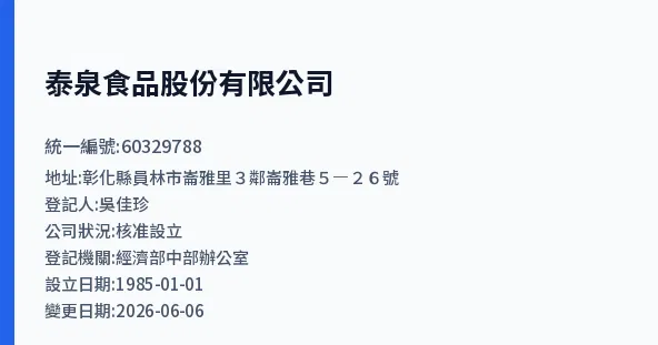 泰泉食品股份有限公司的照片-統編 60329788(彰化縣) 公司登記資料與營業項目詳細圖表