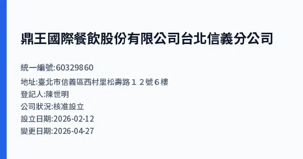鼎王國際餐飲股份有限公司台北信義分公司的照片-統編 60329860(臺北市) 公司登記資料與營業項目詳細圖表