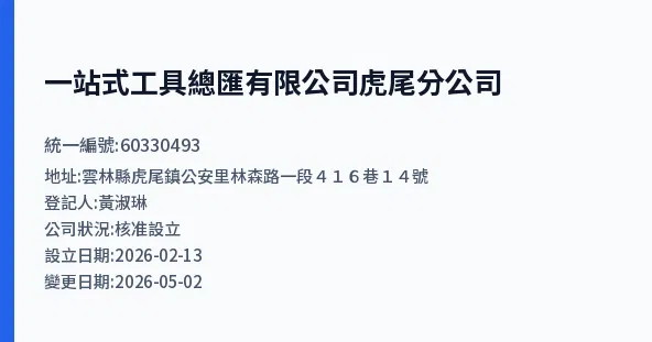 一站式工具總匯有限公司虎尾分公司的照片-統編 60330493(雲林縣) 公司登記資料與營業項目詳細圖表