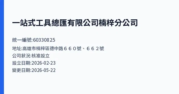 一站式工具總匯有限公司楠梓分公司的照片-統編 60330825(高雄市) 公司登記資料與營業項目詳細圖表