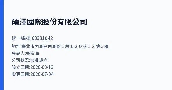 碩澤國際股份有限公司的照片-統編 60331042(臺北市) 公司登記資料與營業項目詳細圖表