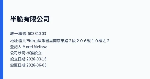 半脆有限公司的照片-統編 60331303(臺北市) 公司登記資料與營業項目詳細圖表