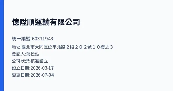 億陞順運輸有限公司的照片-統編 60331943(臺北市) 公司登記資料與營業項目詳細圖表