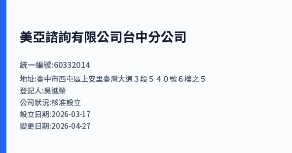 美亞諮詢有限公司台中分公司的照片-統編 60332014(臺中市) 公司登記資料與營業項目詳細圖表