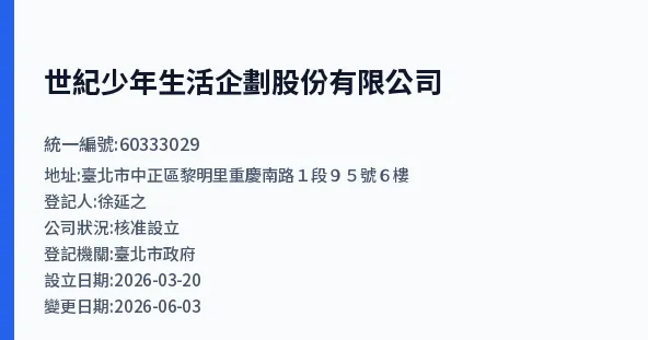 世紀少年生活企劃股份有限公司的照片-統編 60333029(臺北市) 公司登記資料與營業項目詳細圖表