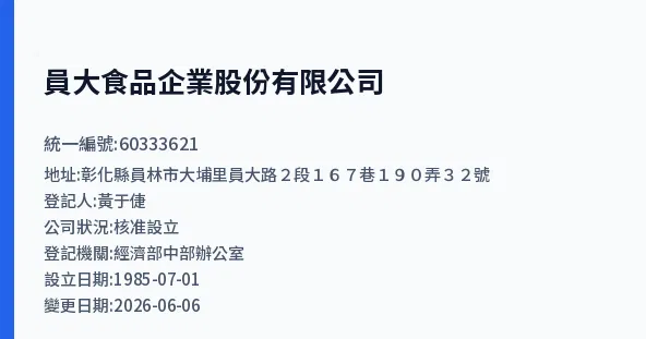 員大食品企業股份有限公司的照片-統編 60333621(彰化縣) 公司登記資料與營業項目詳細圖表