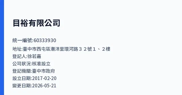 目裕有限公司的照片-統編 60333930(臺中市) 公司登記資料與營業項目詳細圖表