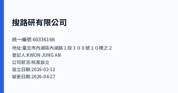 搜路研有限公司的照片-統編 60336166(臺北市) 公司登記資料與營業項目詳細圖表