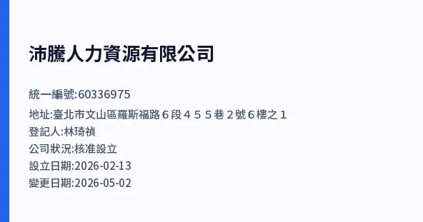 沛騰人力資源有限公司的照片-統編 60336975(臺北市) 公司登記資料與營業項目詳細圖表