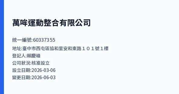萬哞運動整合有限公司的照片-統編 60337355(臺中市) 公司登記資料與營業項目詳細圖表
