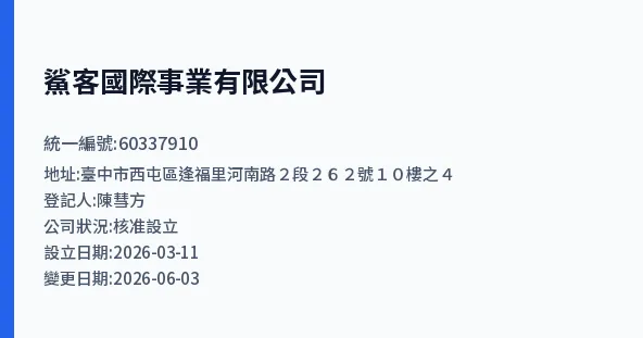 鯊客國際事業有限公司的照片-統編 60337910(臺中市) 公司登記資料與營業項目詳細圖表