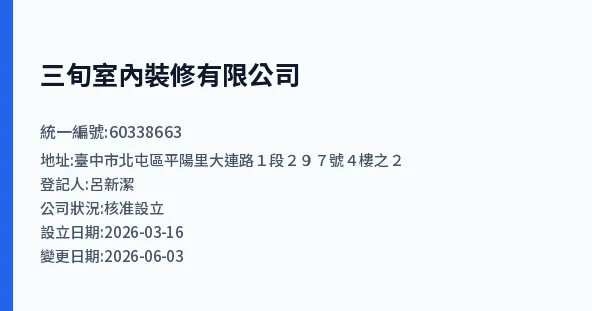 三旬室內裝修有限公司的照片-統編 60338663(臺中市) 公司登記資料與營業項目詳細圖表