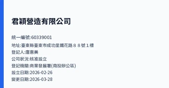 君穎營造有限公司的照片-統編 60339001(臺東縣) 公司登記資料與營業項目詳細圖表