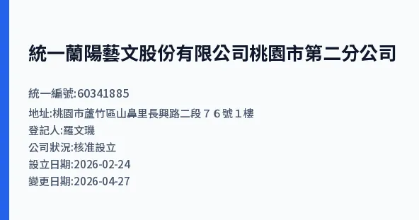 統一蘭陽藝文股份有限公司桃園市第二分公司的照片-統編 60341885(桃園市) 公司登記資料與營業項目詳細圖表