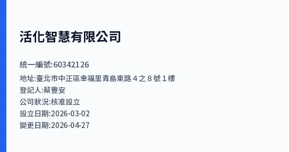 活化智慧有限公司的照片-統編 60342126(臺北市) 公司登記資料與營業項目詳細圖表
