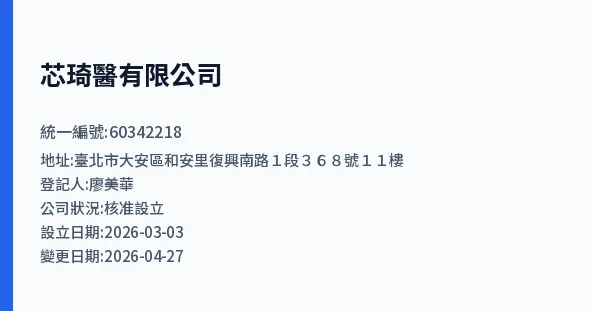 芯琦醫有限公司的照片-統編 60342218(臺北市) 公司登記資料與營業項目詳細圖表