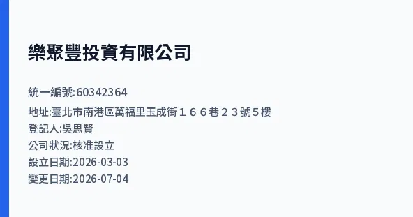 樂聚豐投資有限公司的照片-統編 60342364(臺北市) 公司登記資料與營業項目詳細圖表