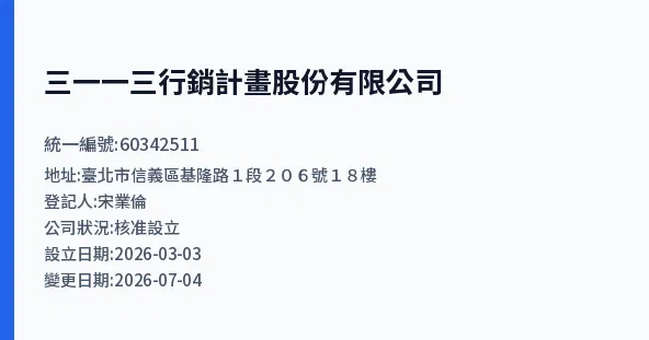 三一一三行銷計畫股份有限公司的照片-統編 60342511(臺北市) 公司登記資料與營業項目詳細圖表