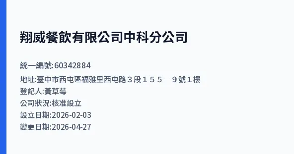 翔威餐飲有限公司中科分公司的照片-統編 60342884(臺中市) 公司登記資料與營業項目詳細圖表