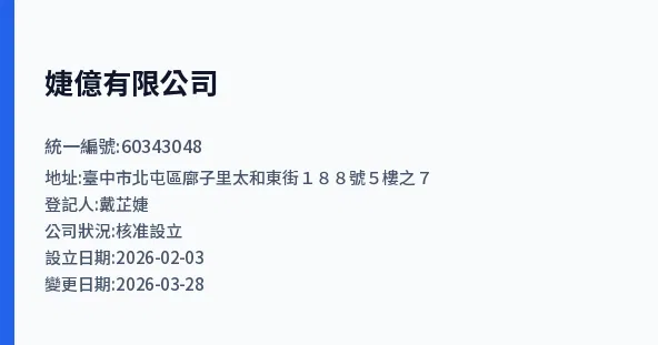 婕億有限公司的照片-統編 60343048(臺中市) 公司登記資料與營業項目詳細圖表