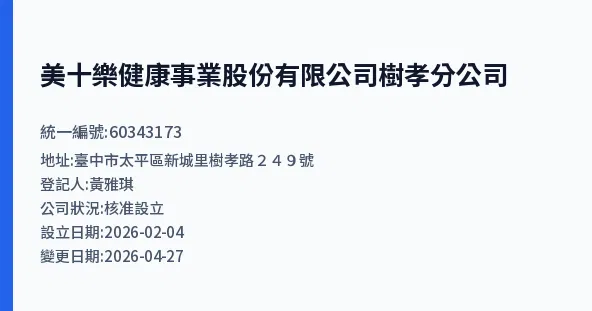美十樂健康事業股份有限公司樹孝分公司的照片-統編 60343173(臺中市) 公司登記資料與營業項目詳細圖表