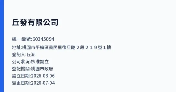 丘發有限公司的照片-統編 60345094(桃園市) 公司登記資料與營業項目詳細圖表