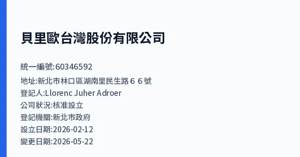 貝里歐台灣股份有限公司的照片-統編 60346592(新北市) 公司登記資料與營業項目詳細圖表
