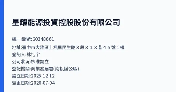 星耀能源投資控股股份有限公司的照片-統編 60348661(臺中市) 公司登記資料與營業項目詳細圖表