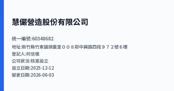 慧儼營造股份有限公司的照片-統編 60348682(新竹縣) 公司登記資料與營業項目詳細圖表
