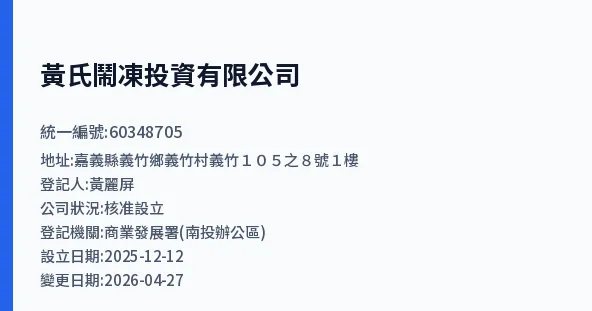 黃氏鬧凍投資有限公司的照片-統編 60348705(嘉義縣) 公司登記資料與營業項目詳細圖表