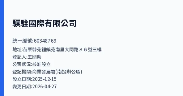 騏駩國際有限公司的照片-統編 60348769(苗栗縣) 公司登記資料與營業項目詳細圖表