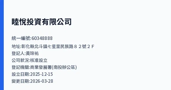 睦悅投資有限公司的照片-統編 60348888(彰化縣) 公司登記資料與營業項目詳細圖表