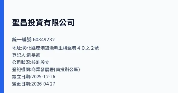 聖昌投資有限公司的照片-統編 60349232(彰化縣) 公司登記資料與營業項目詳細圖表