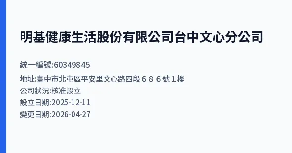 明基健康生活股份有限公司台中文心分公司的照片-統編 60349845(臺中市) 公司登記資料與營業項目詳細圖表