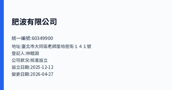 肥波有限公司的照片-統編 60349900(臺北市) 公司登記資料與營業項目詳細圖表