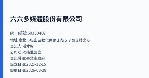六六多媒體股份有限公司的照片-統編 60350407(臺北市) 公司登記資料與營業項目詳細圖表