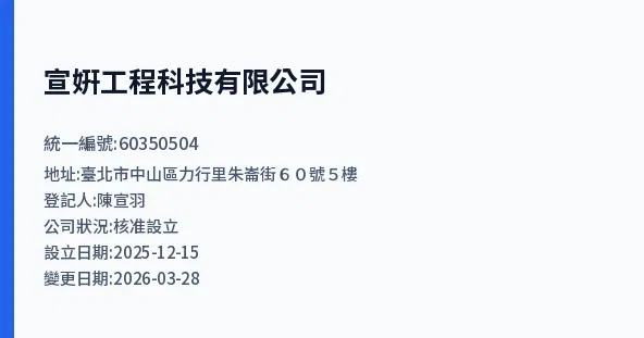 宣姸工程科技有限公司的照片-統編 60350504(臺北市) 公司登記資料與營業項目詳細圖表