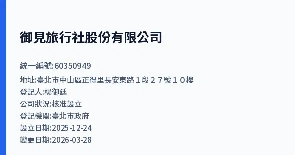 御見旅行社股份有限公司的照片-統編 60350949(臺北市) 公司登記資料與營業項目詳細圖表
