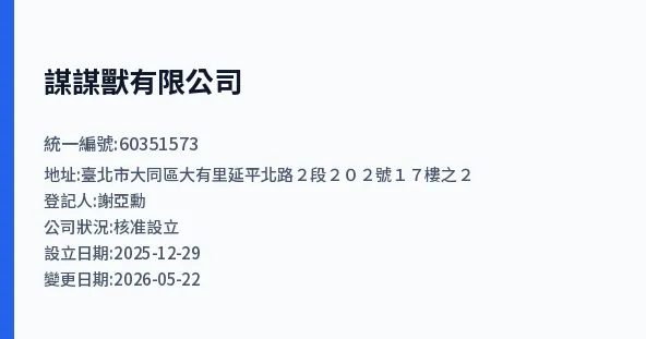 謀謀獸有限公司的照片-統編 60351573(臺北市) 公司登記資料與營業項目詳細圖表