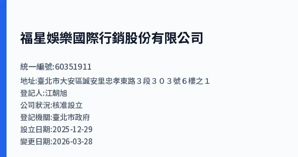 福星娛樂國際行銷股份有限公司的照片-統編 60351911(臺北市) 公司登記資料與營業項目詳細圖表