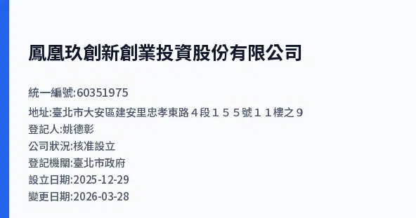 鳳凰玖創新創業投資股份有限公司的照片-統編 60351975(臺北市) 公司登記資料與營業項目詳細圖表