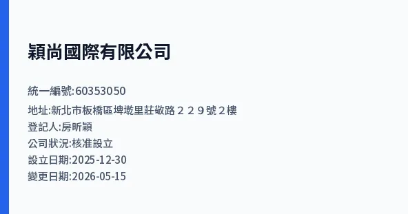 穎尚國際有限公司的照片-統編 60353050(新北市) 公司登記資料與營業項目詳細圖表