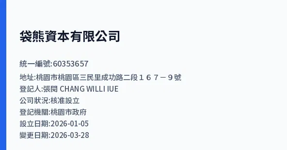 袋熊資本有限公司的照片-統編 60353657(桃園市) 公司登記資料與營業項目詳細圖表