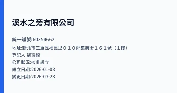 溪水之旁有限公司的照片-統編 60354662(新北市) 公司登記資料與營業項目詳細圖表