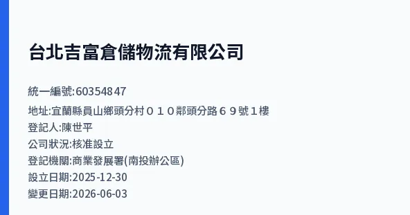 台北吉富倉儲物流有限公司的照片-統編 60354847(宜蘭縣) 公司登記資料與營業項目詳細圖表