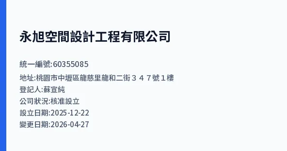 永旭空間設計工程有限公司的照片-統編 60355085(桃園市) 公司登記資料與營業項目詳細圖表